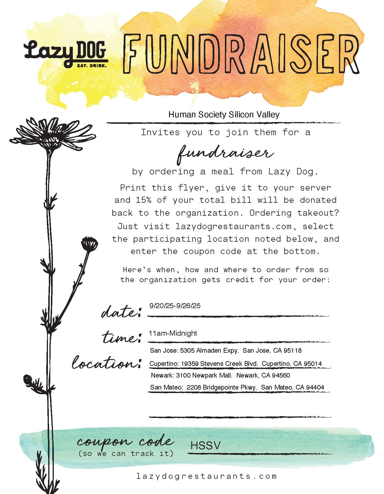 Lazy Dog HSSV Fundraiser 9/20 - 9/26 - Humane Society Silicon Valley